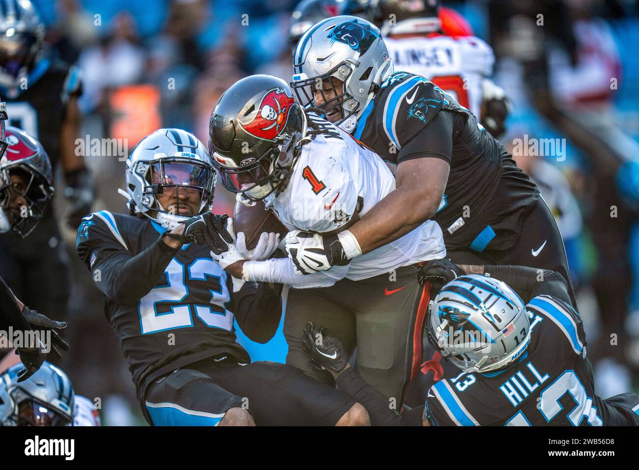 Tampa Bay Buccaneers running back Rachaad White (1) is tackled by ...