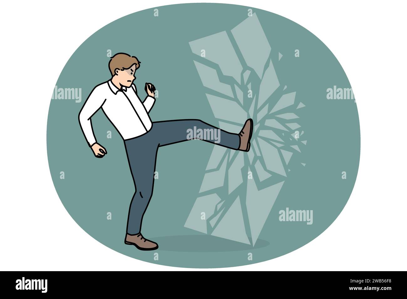 Furious decisive businessman break wall shatter imaginary barrier ...
