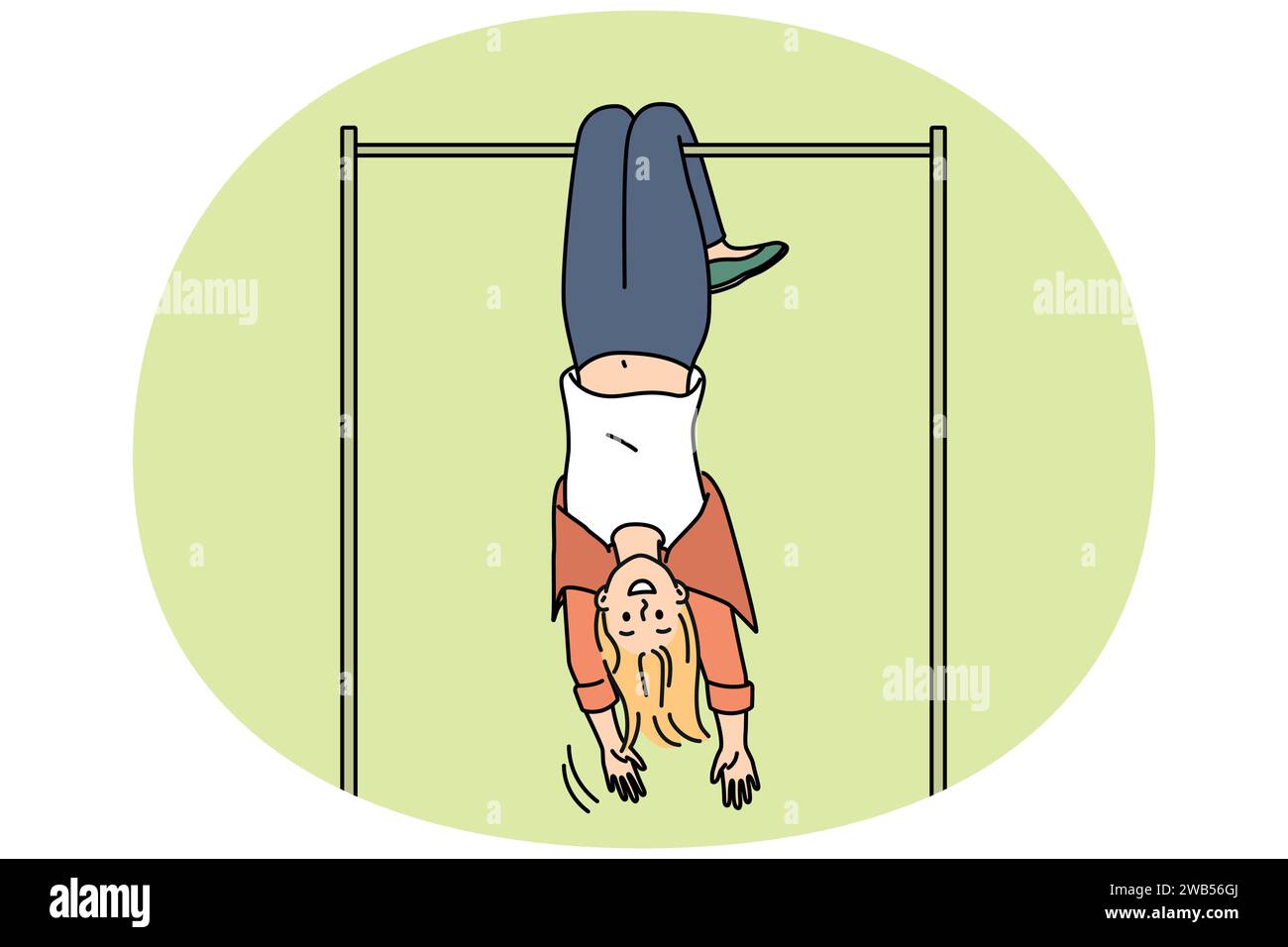 Overjoyed young woman hanging on horizontal bar upside down. Smiling girl have fun exercising ...