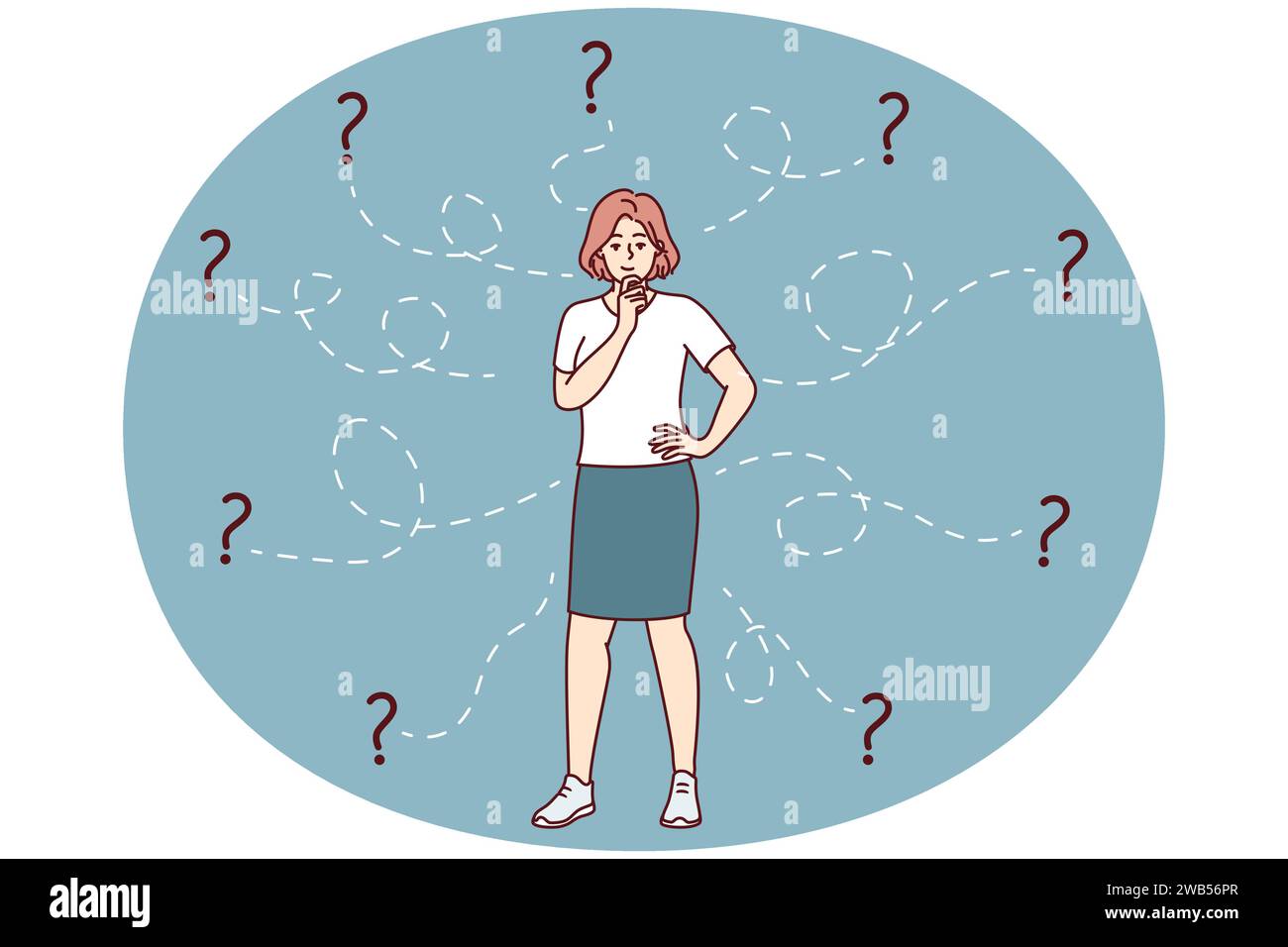 Thoughtful woman solves difficult business problem and scratches chin ...