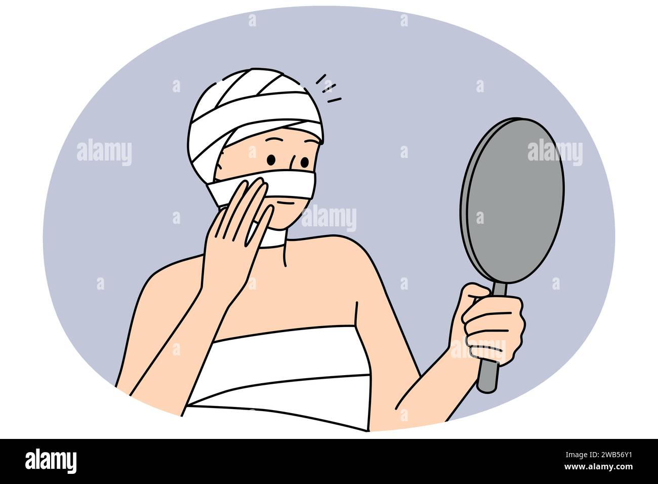 Woman in bandages on head and body look in mirror care about operation ...