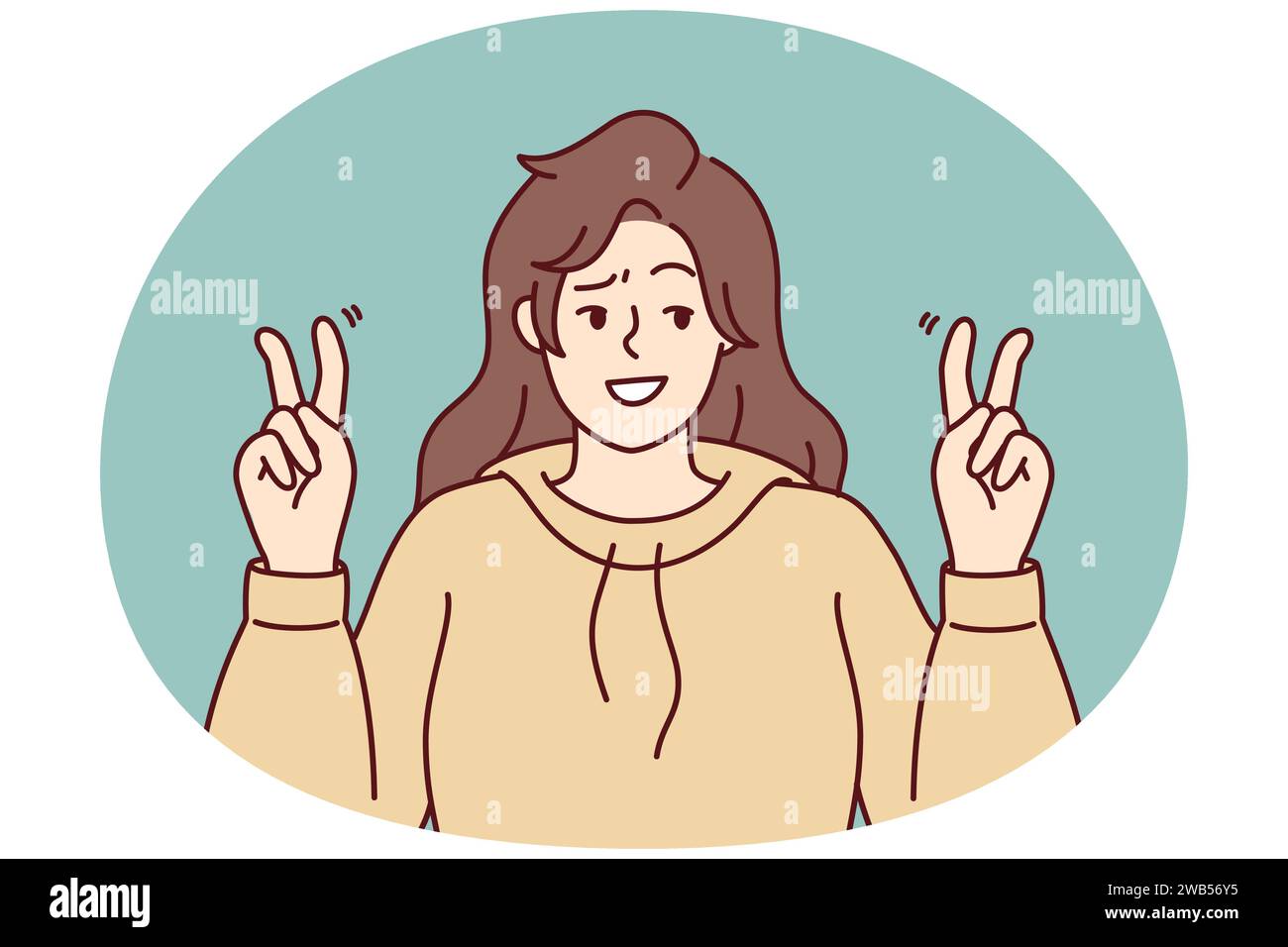 Optimistic woman raises hands in quotation marks voicing sarcasm in ...