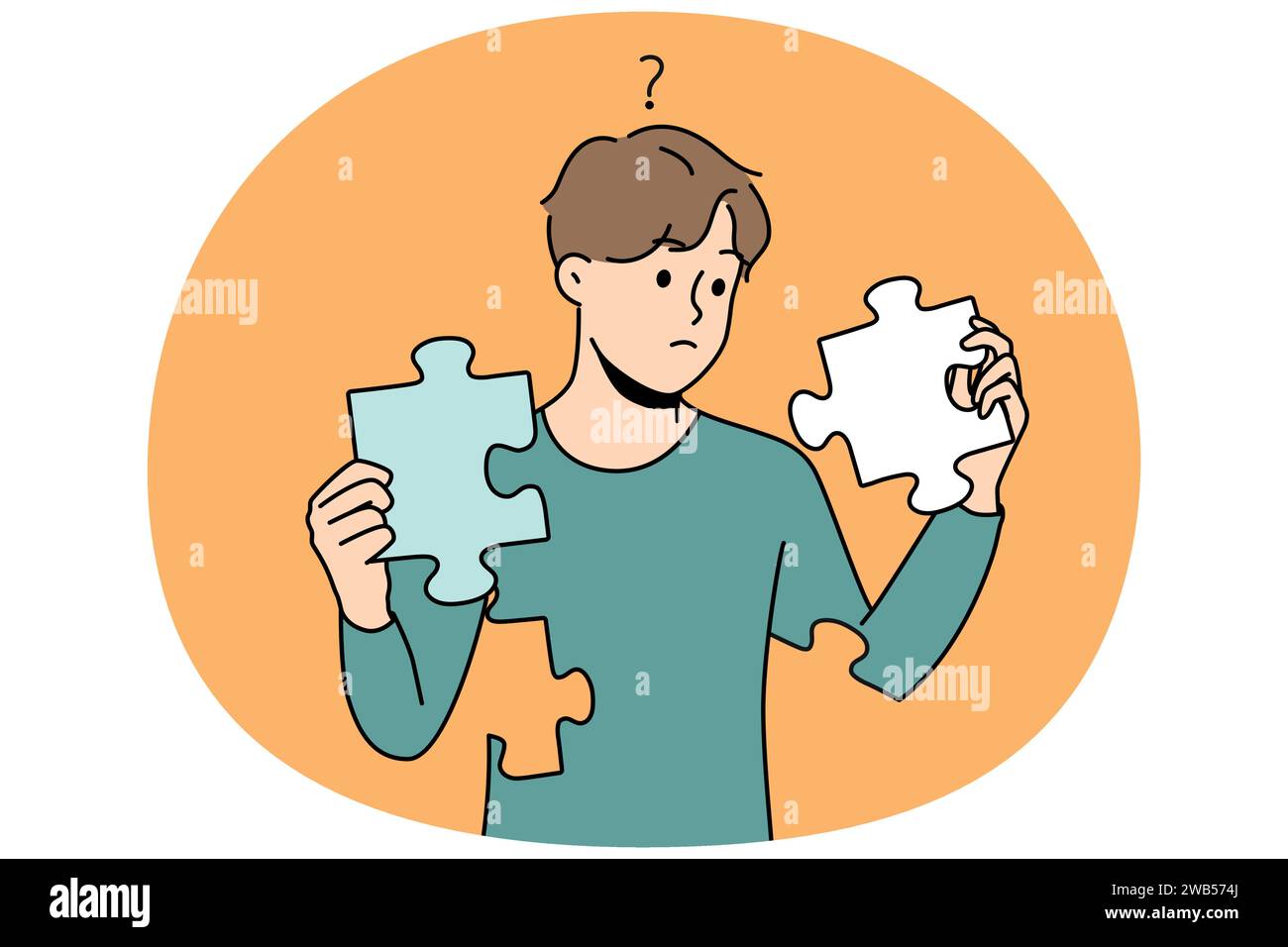 Frustrated young man with jigsaw puzzles in hands rebuild personality ...