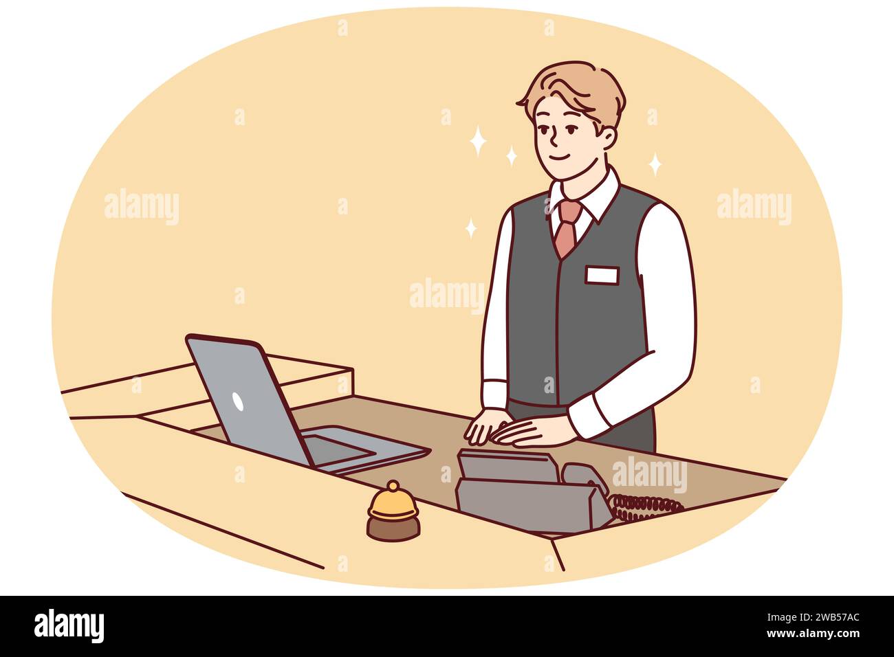 Man working as receptionist in hotel or restaurant stands behind ...