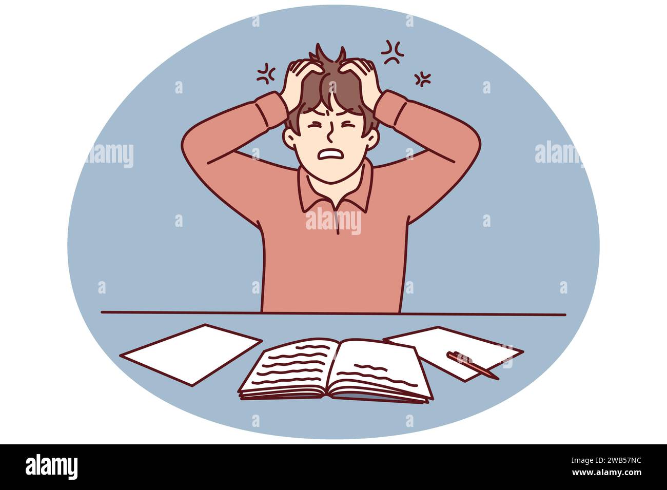 Angry man clutching head sitting at table with workbooks suffering from ...