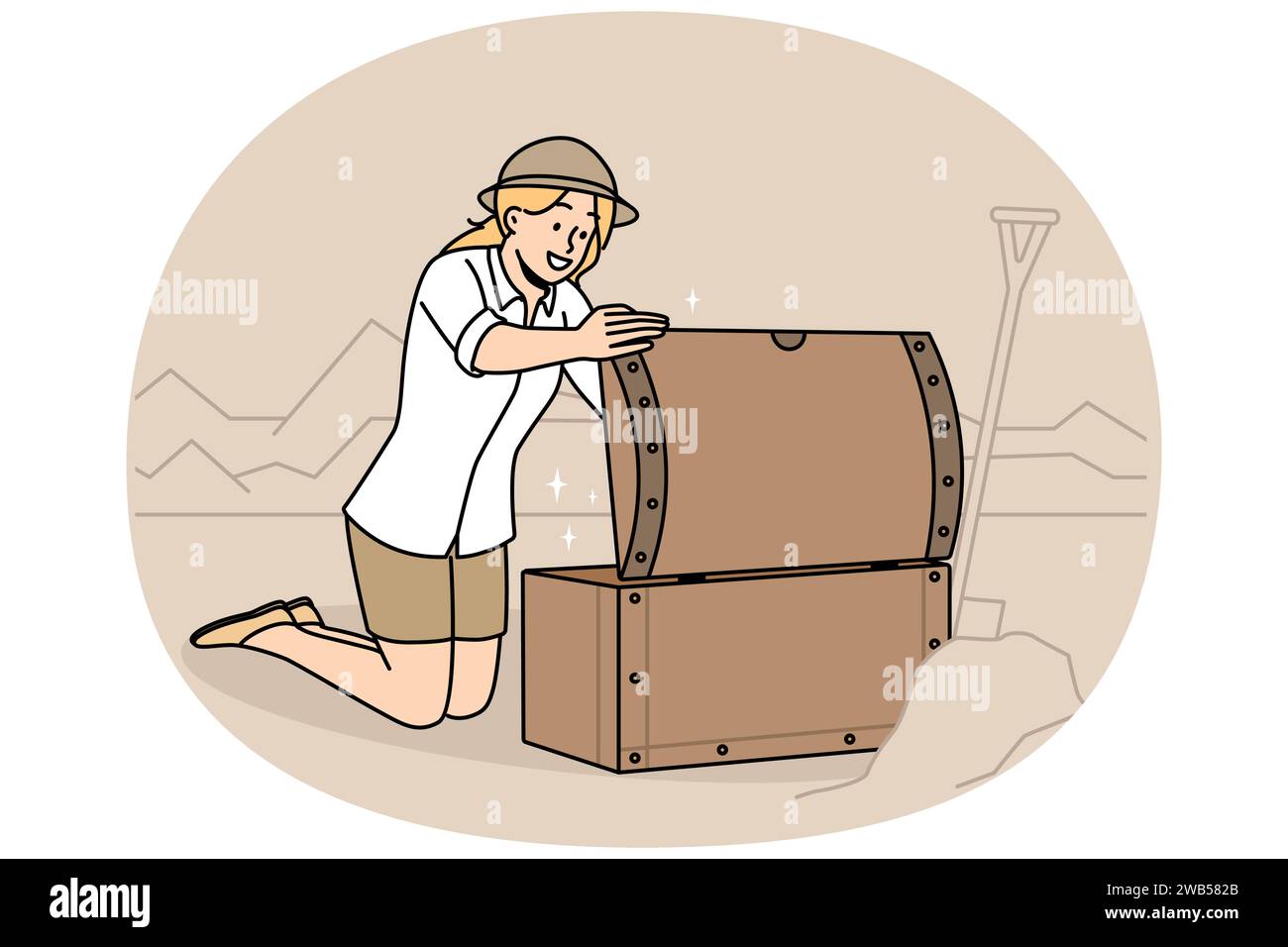 Young woman archaeologist open chest with treasures on archeological ...