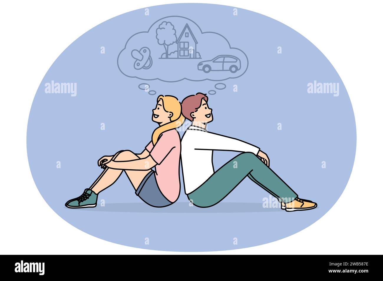 Happy dreamy couple imagine bright future together. Smiling man and ...