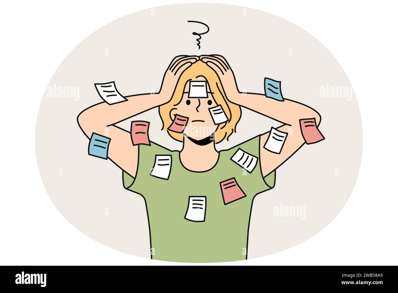 Confused young woman with numerous post-it notes on face and body ...