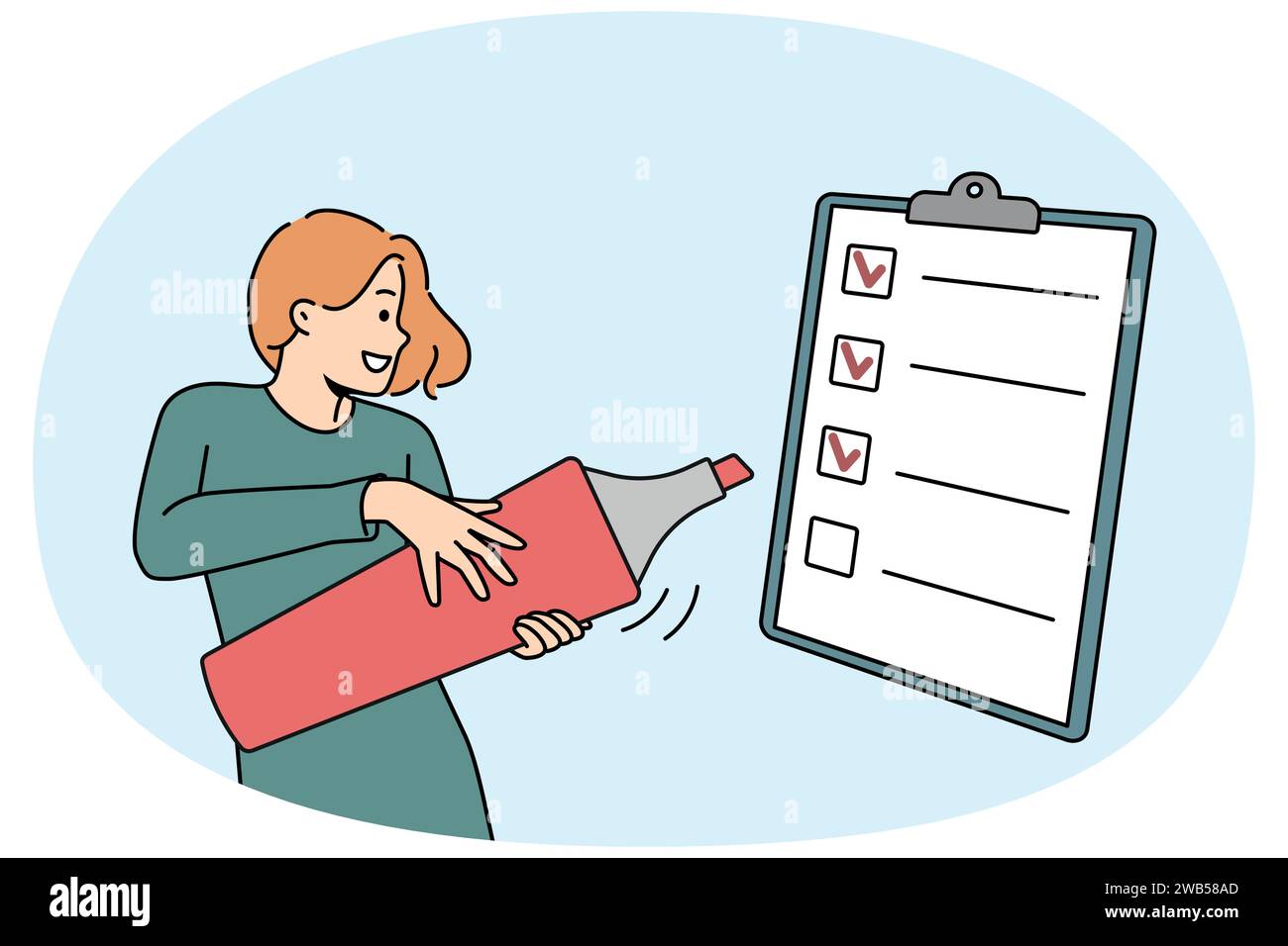 Smiling young woman with huge marker put mark on list in notebook ...