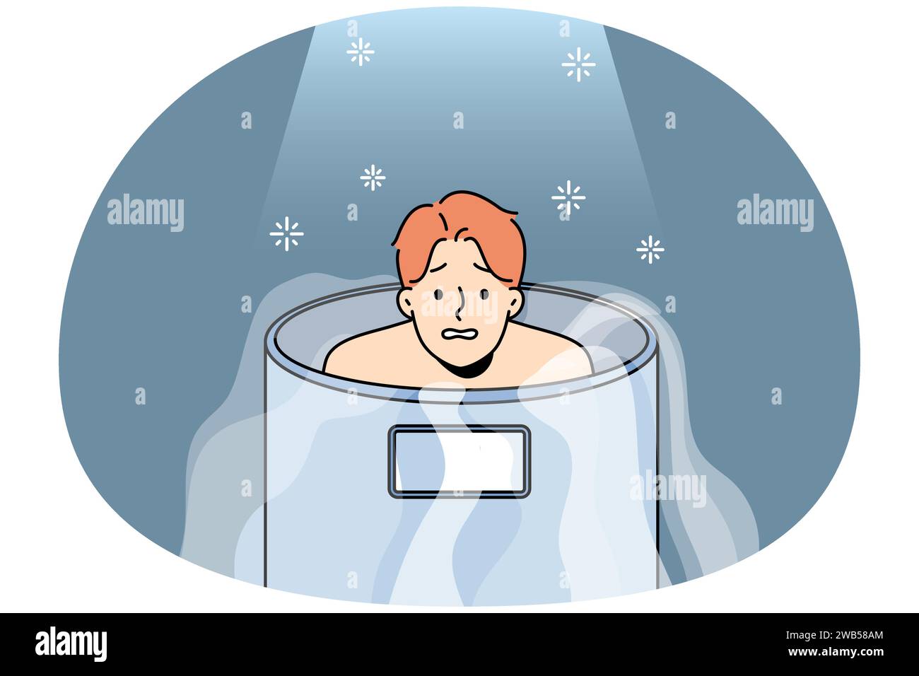 Unhappy man in reservoir undergo cryotherapy procedure in clinic or spa ...