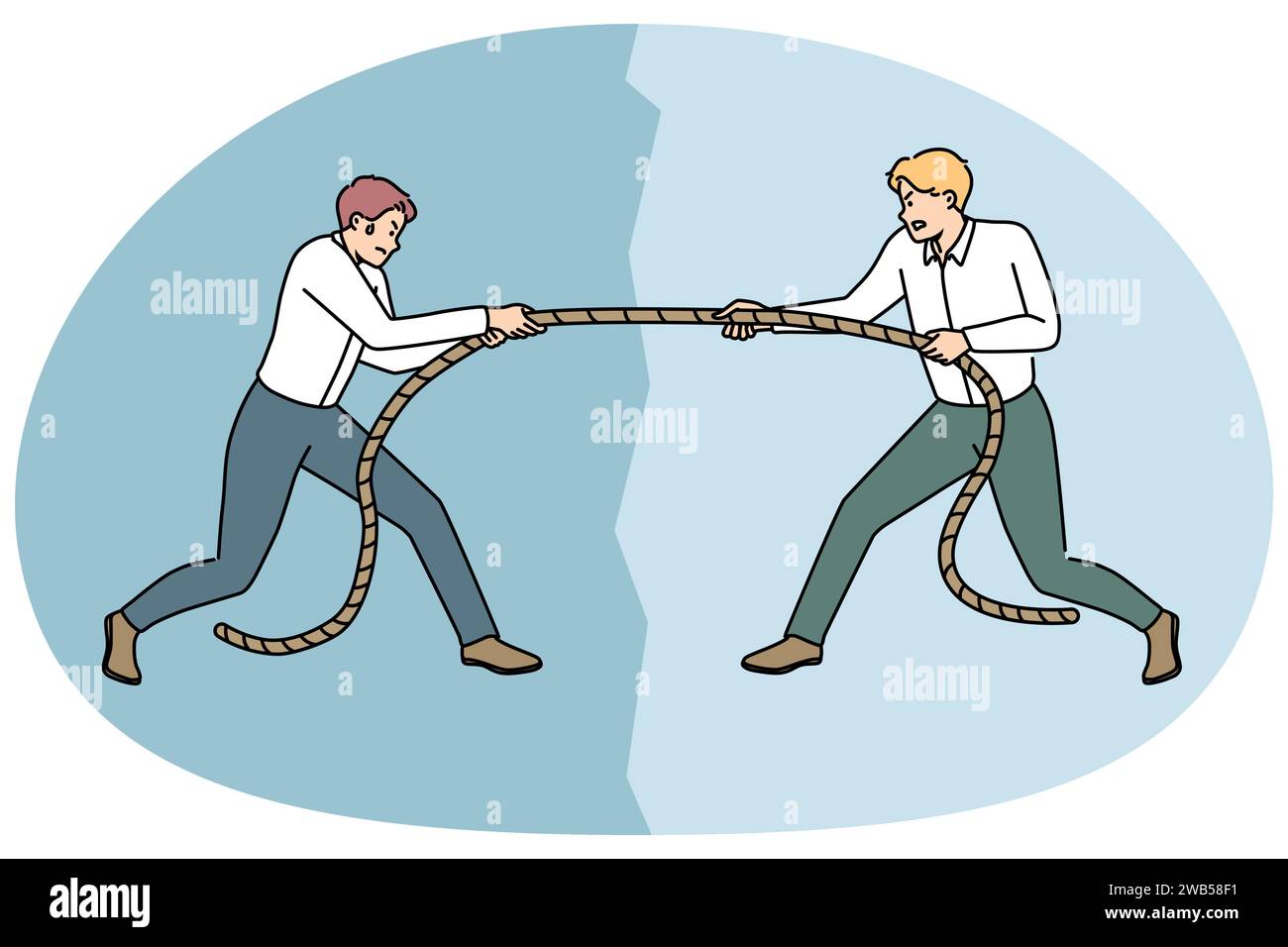 Motivated young male employees pulling rope compete for leadership at ...