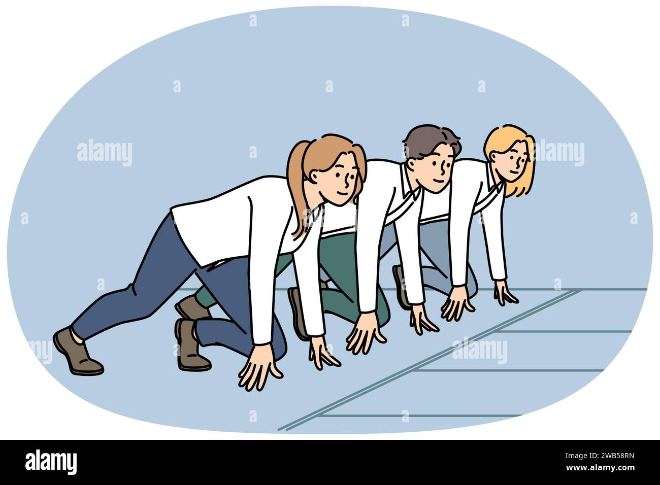 Motivated businesspeople at start at stadium prepared for running ...