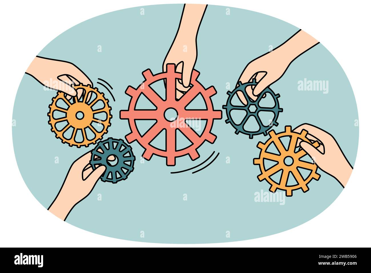 Closeup of businesspeople connect gear mechanism engaged in teamwork ...