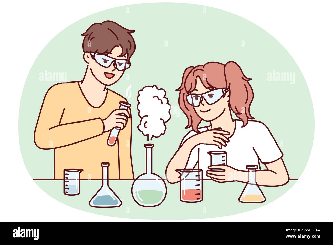 Youth boy and girl conduct chemical experiments standing near table ...