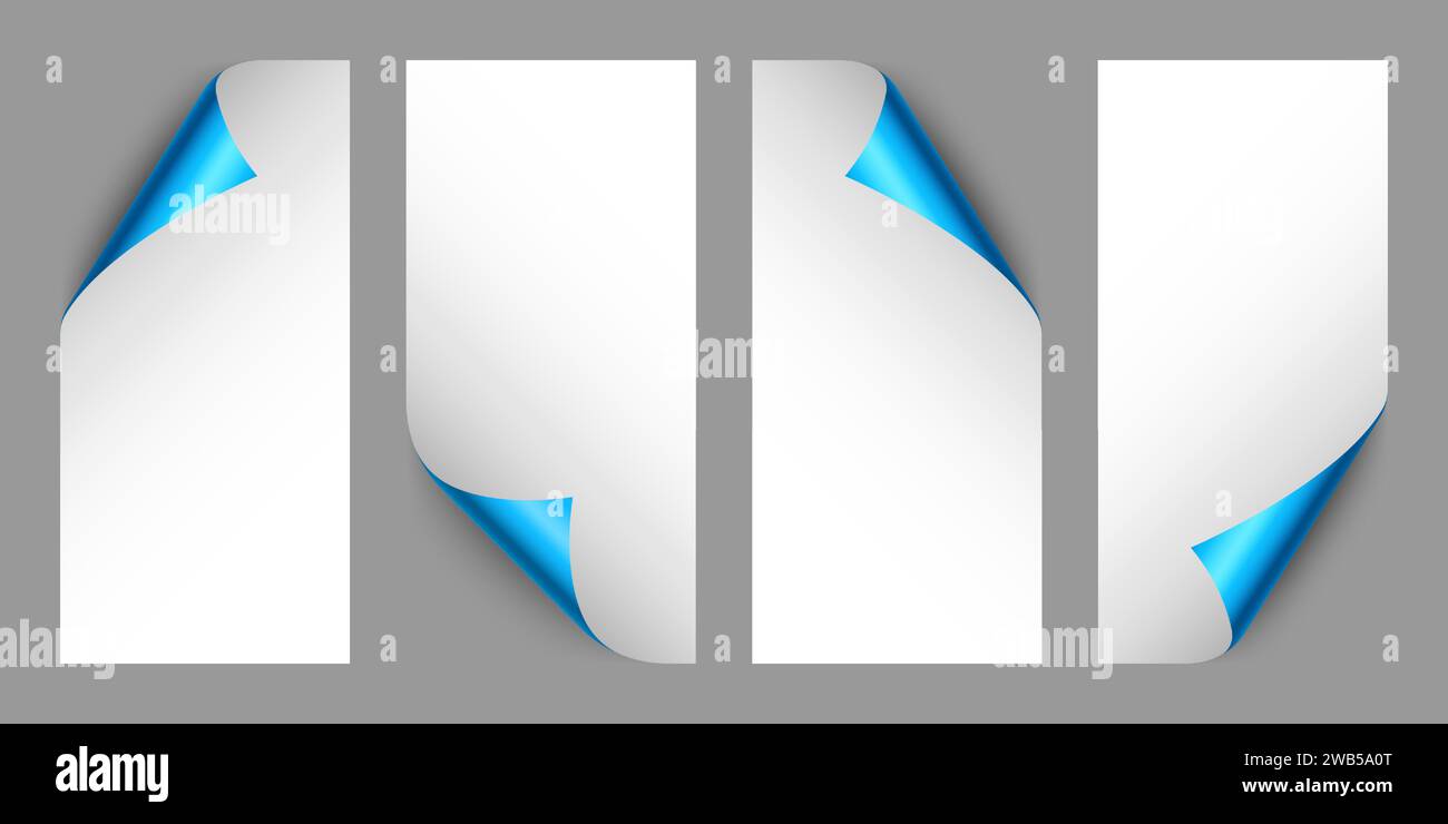 Set of blue paper curls. Curled page corner with shadow. Blank sheet of ...