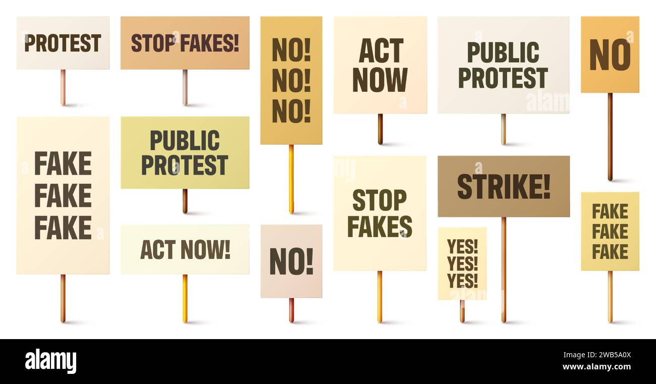 Colorful protest signs with slogan on wooden holder. Realistic vector ...