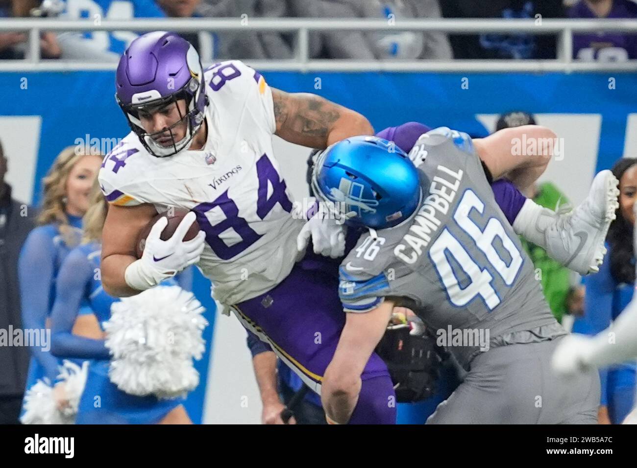 Minnesota Vikings tight end Josh Oliver (84) is tackled by Detroit ...
