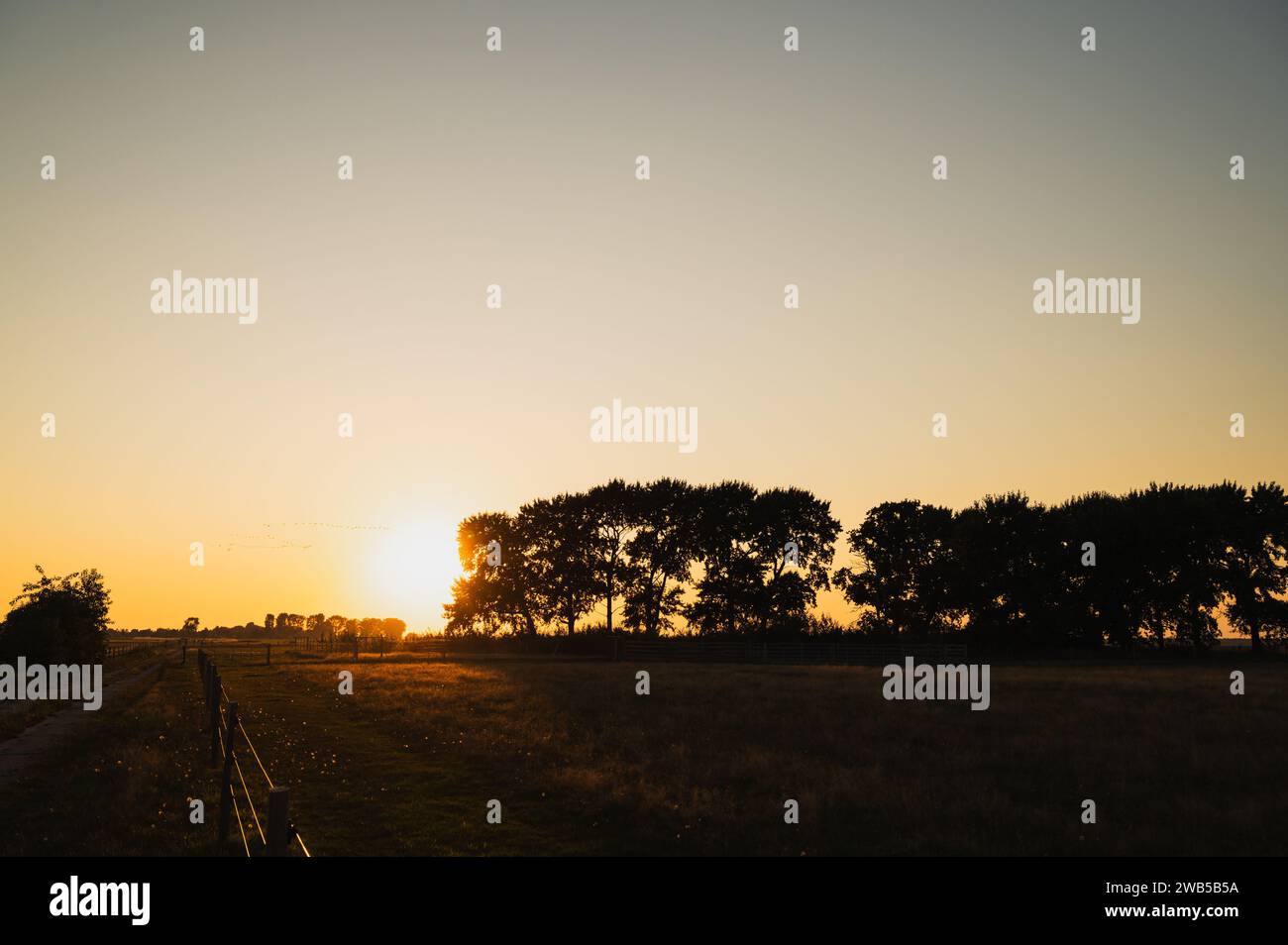 This stunning sunset image captures a tranquil rural landscape scene ...