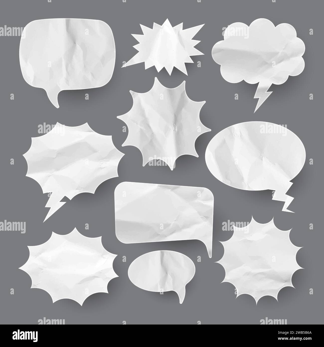 Crumpled paper comic speech bubbles. Hand drawn retro cartoon stickers ...