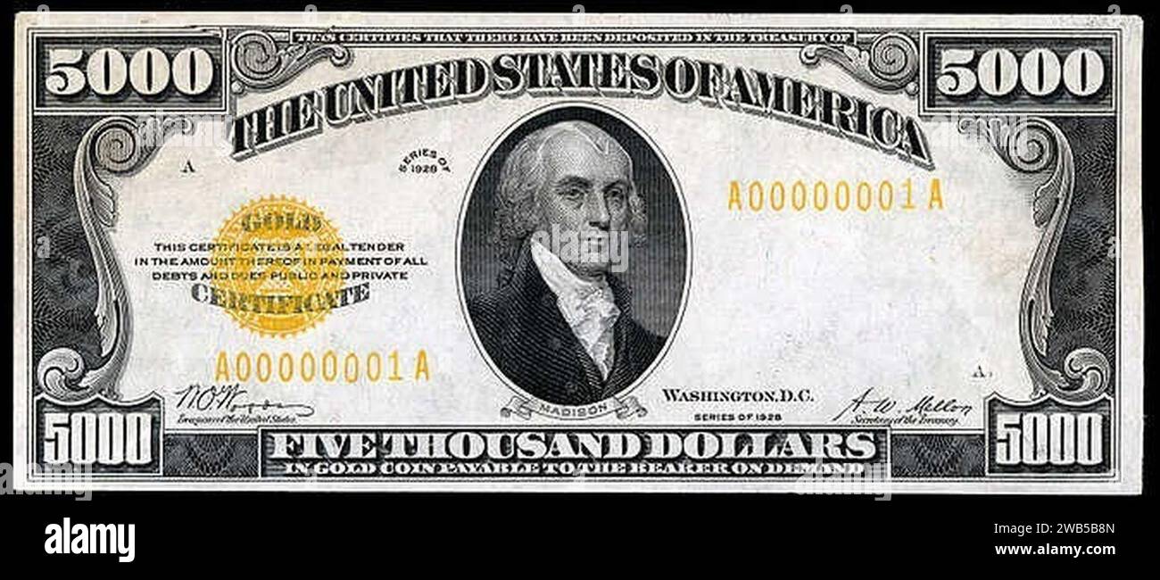 $5,000 Gold Certificate 1928 Stock Photo - Alamy