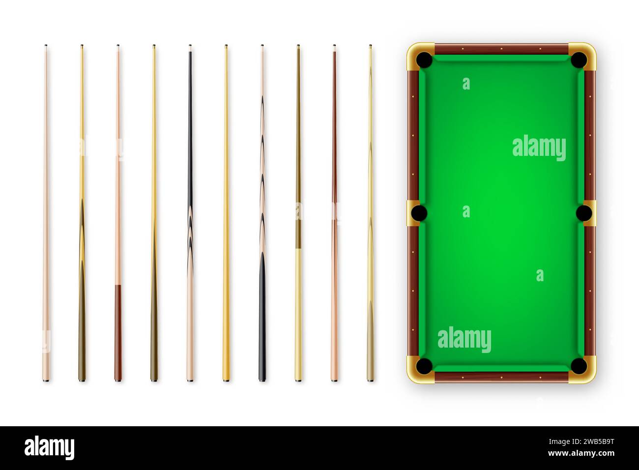 Various wooden billiard cues and green pool table. Snooker sports equipment. Vintage cue ...