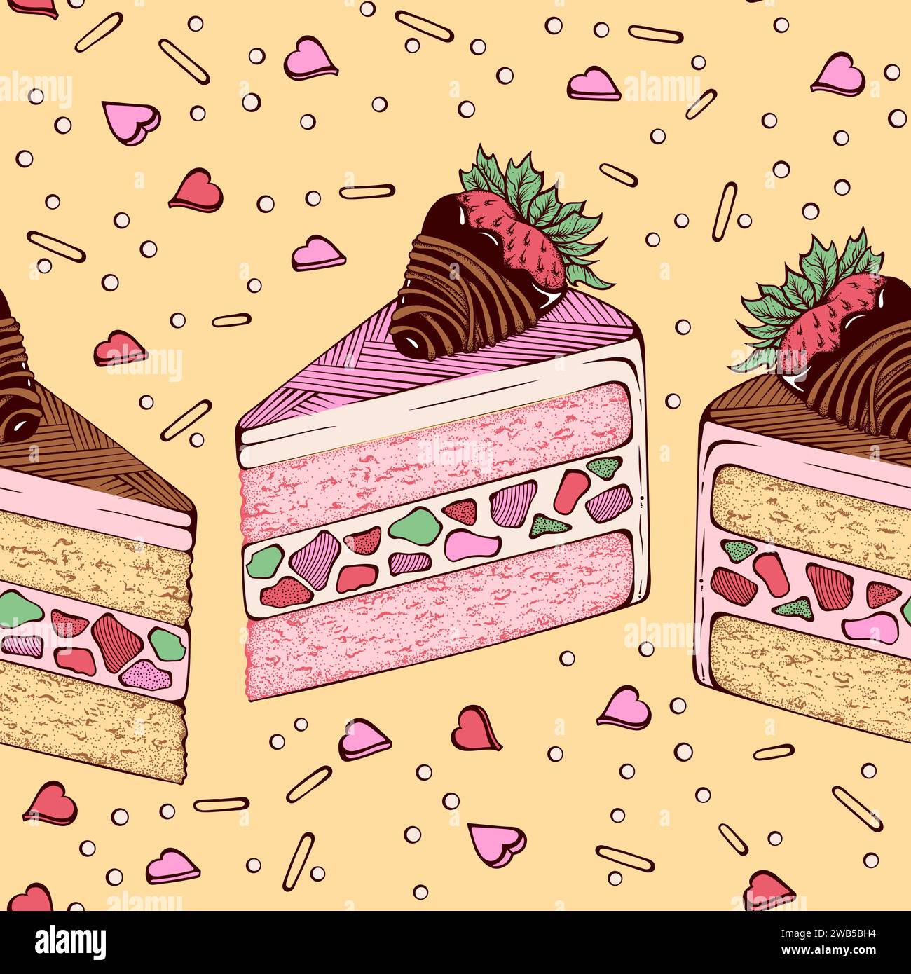 Cute Hand Drawn Cake Pieces Sweets Desserts with Sprinkles. Vector Desserts Seamless Pattern ...