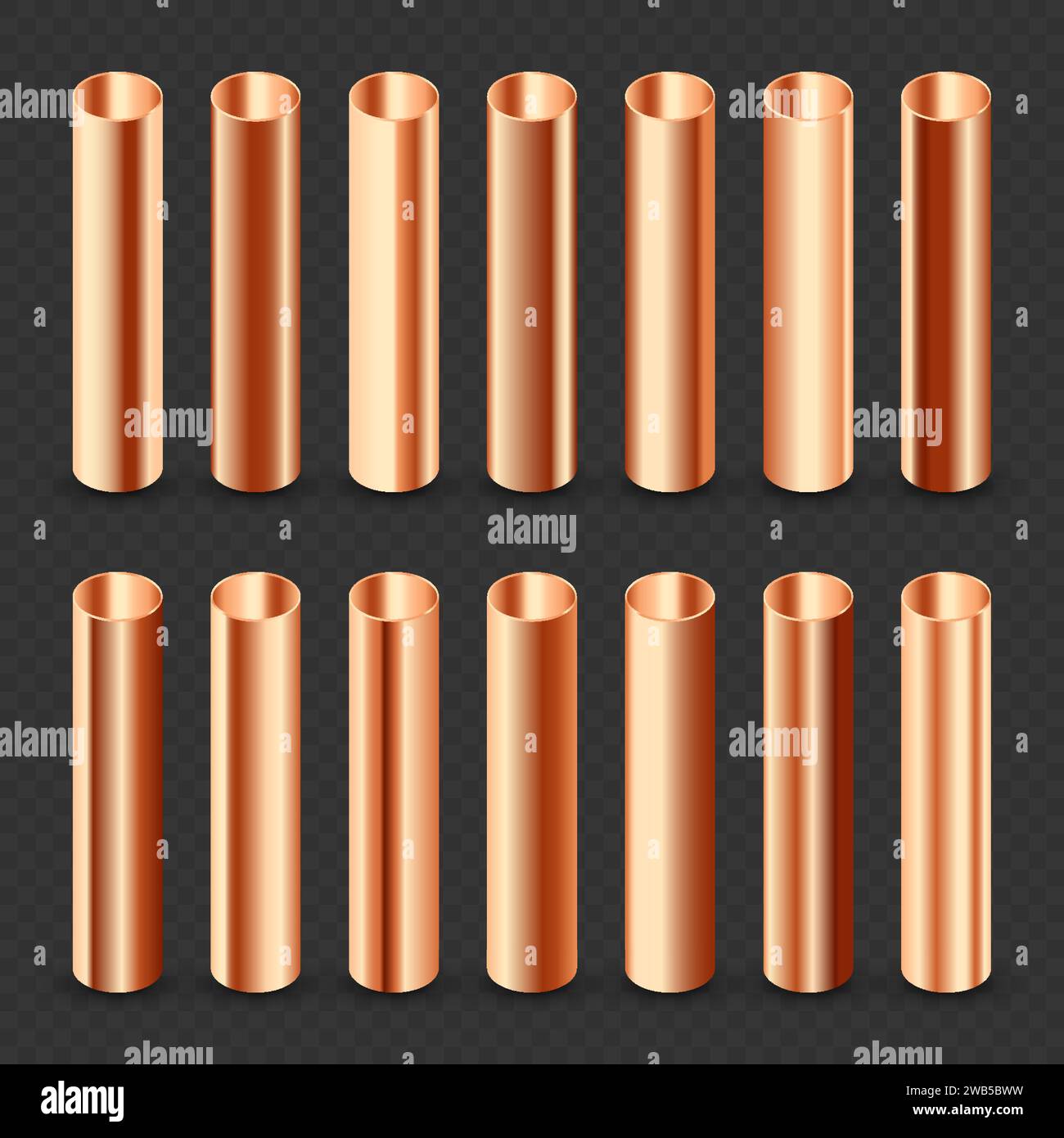 Copper pipes collection. Construction material, pipeline. Industry and engineering. Polished ...