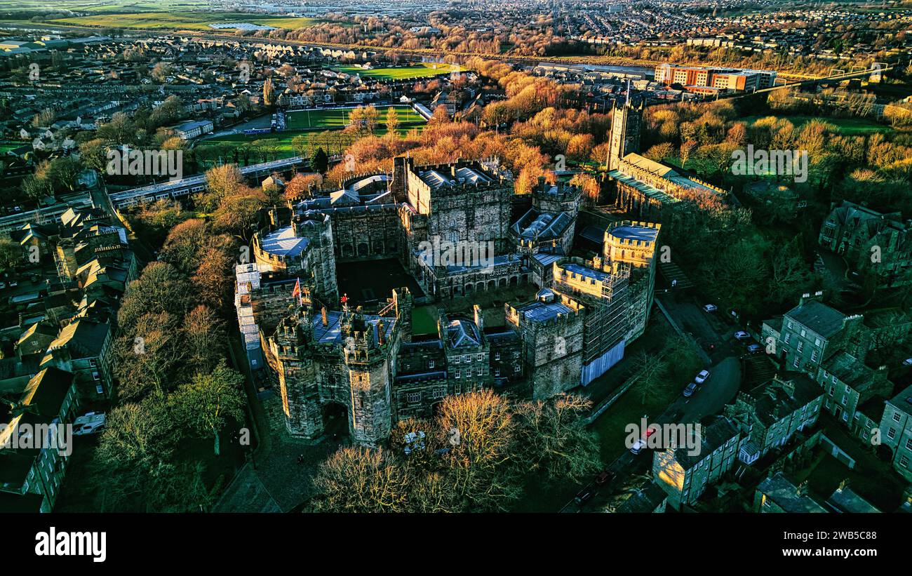 Aerial view of a majestic Lancaster castle surrounded by greenery with ...
