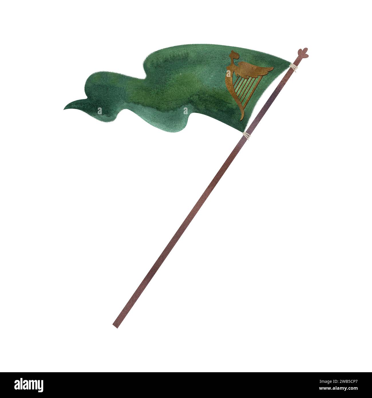 A fluttering green banner on a long pole. Vintage flag of Ireland with ...