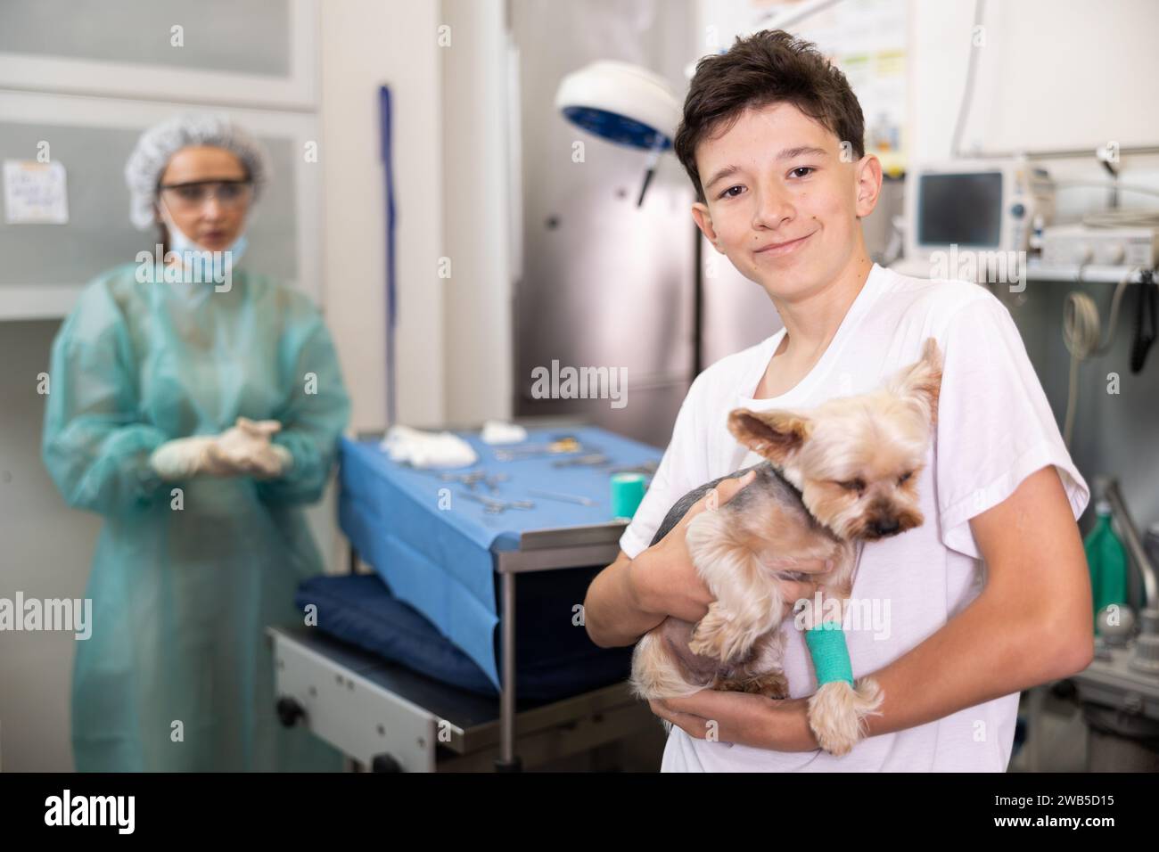 In vet clinic, happy teenage guy with Yorkshire terrier in hands ...
