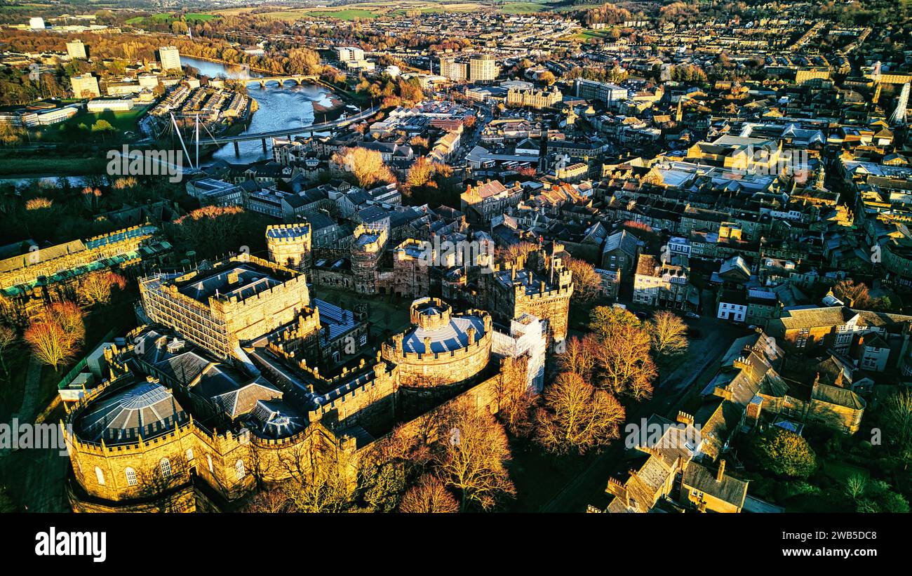 Aerial view of a historic city Lancaster at sunset with prominent ...