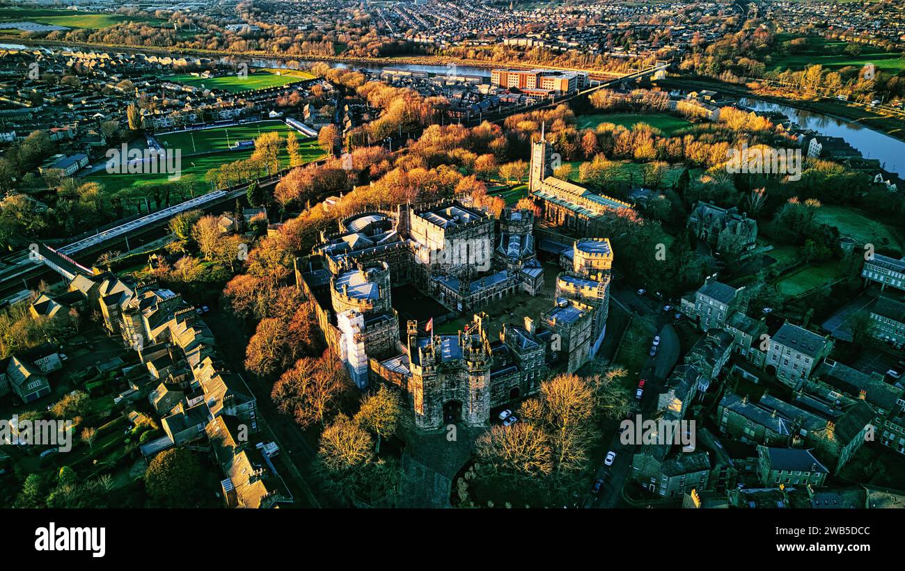 Aerial view of a historic Lancaster castle amidst a lush green ...
