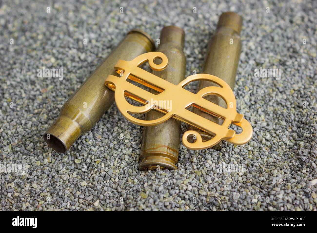 Empty rifle casings and a golden brooch dollar lie on the sand Stock ...