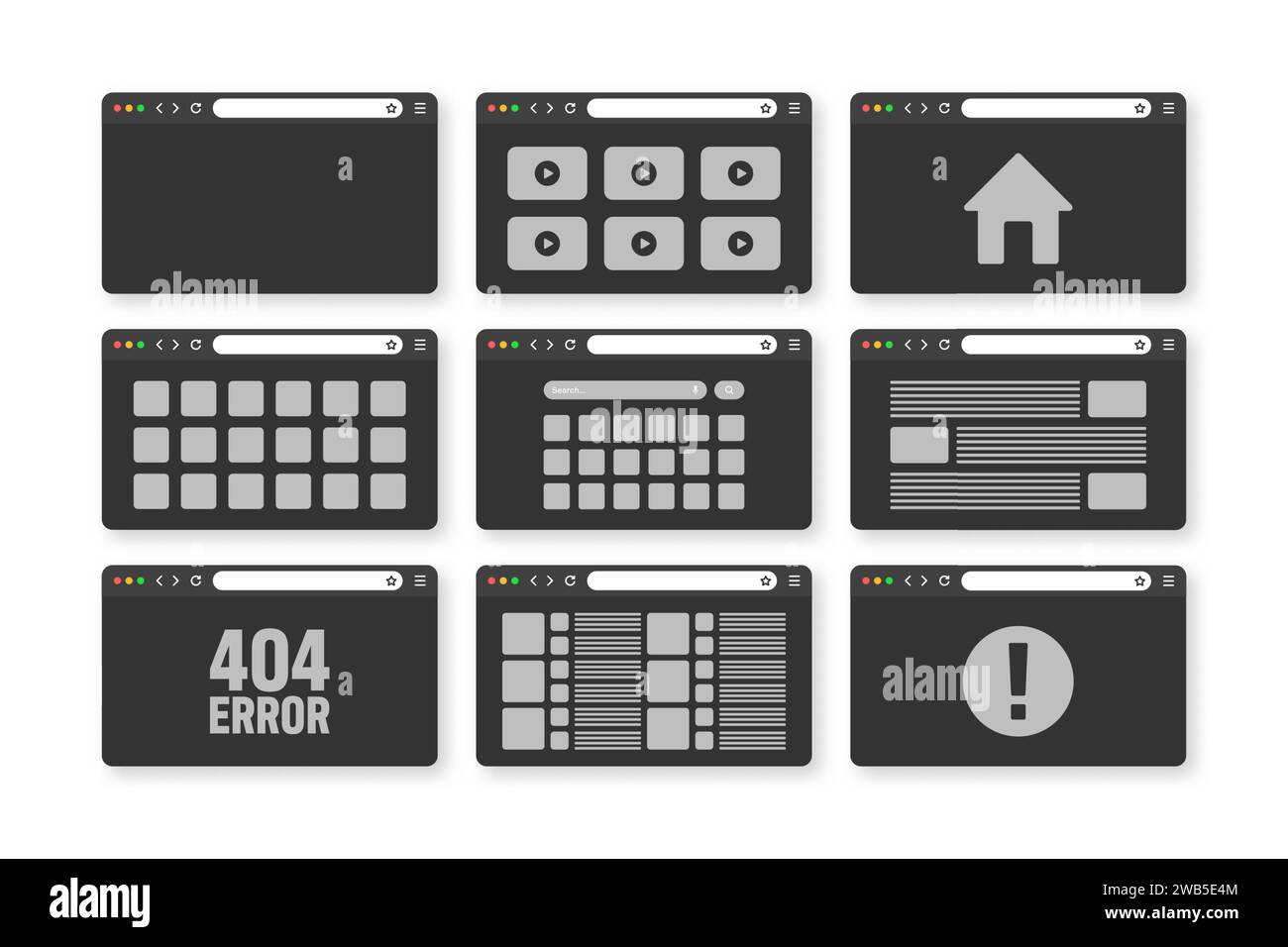Web browser window, pages layout with toolbar and search field. Modern ...