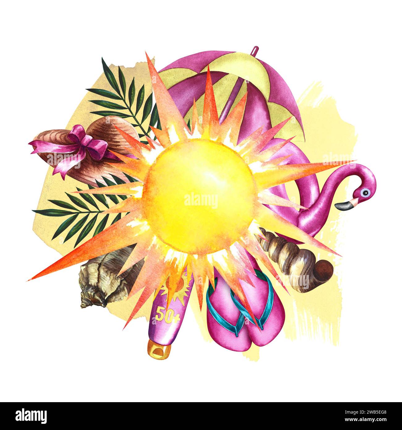 Vacation at the sea. Scorching sun, beach umbrella and hat, slates ...