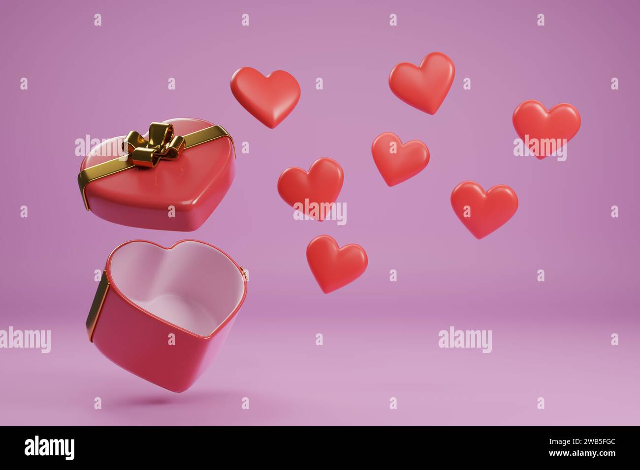 Open heart-shaped gift box with red hearts isolated on a pink ...