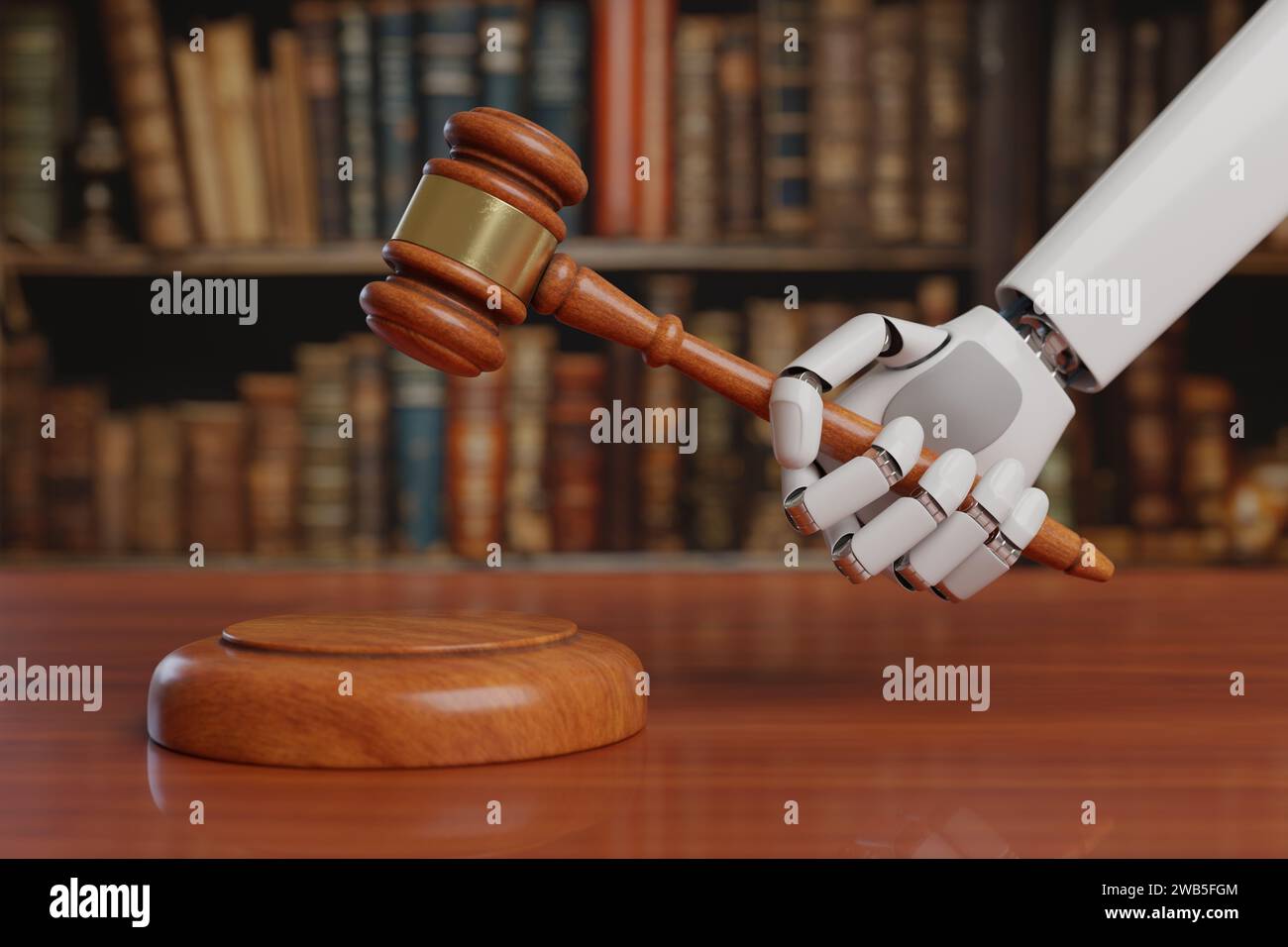 Robotic hand with wooden gavel. Concept of regulation of artificial ...