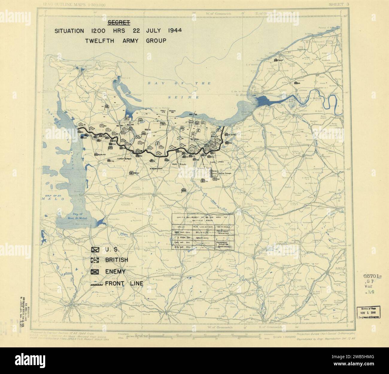 (July 22, 1944), HQ Twelfth Army Group situation map Stock Photo - Alamy