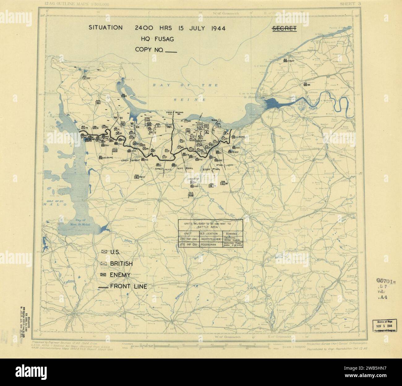 (July 15, 1944), HQ Twelfth Army Group situation map Stock Photo - Alamy