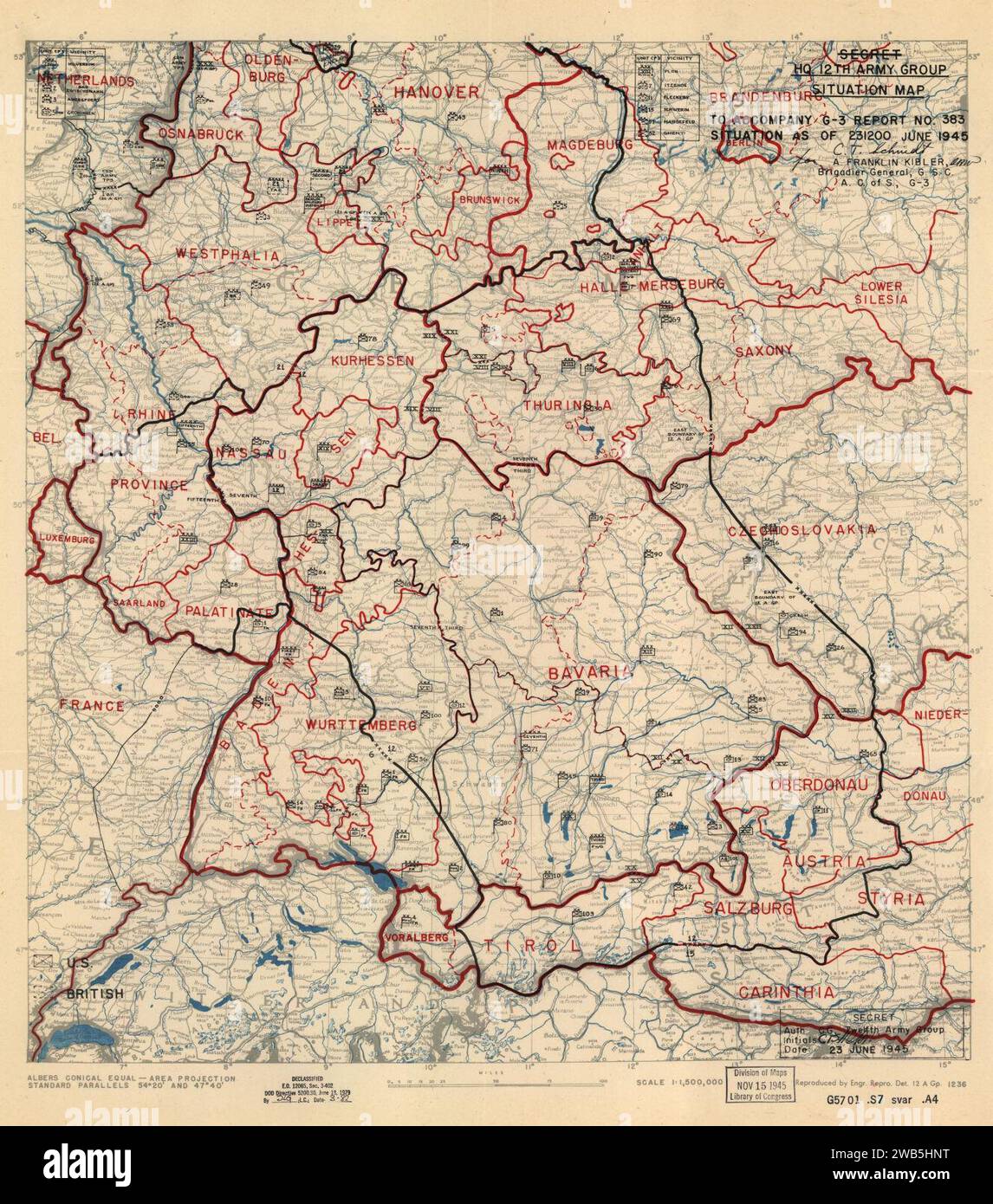 (June 23, 1945), HQ Twelfth Army Group situation map Stock Photo - Alamy