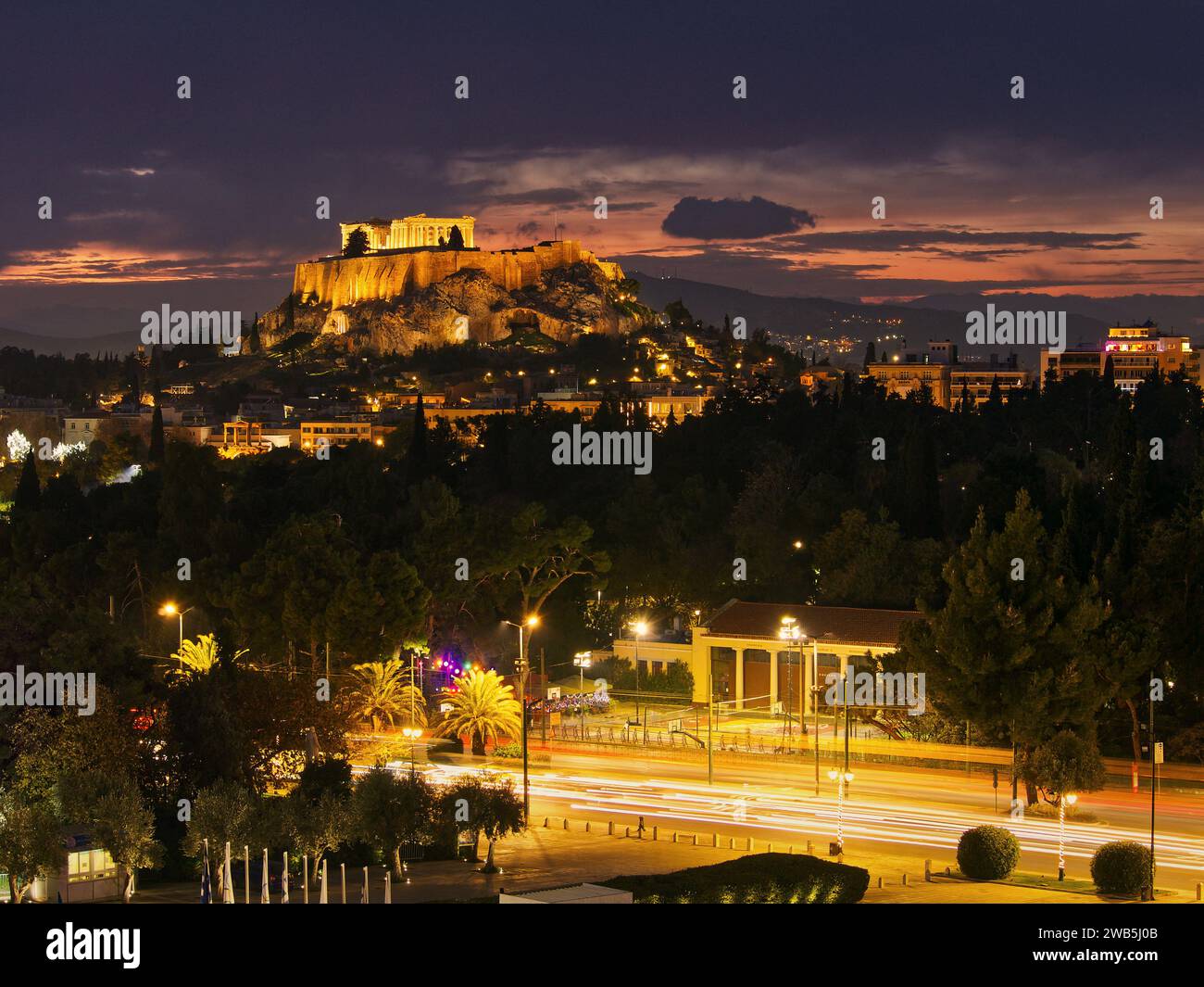 Acropolis hill view from Panathenaic stadium at sunset. Long exposure ...