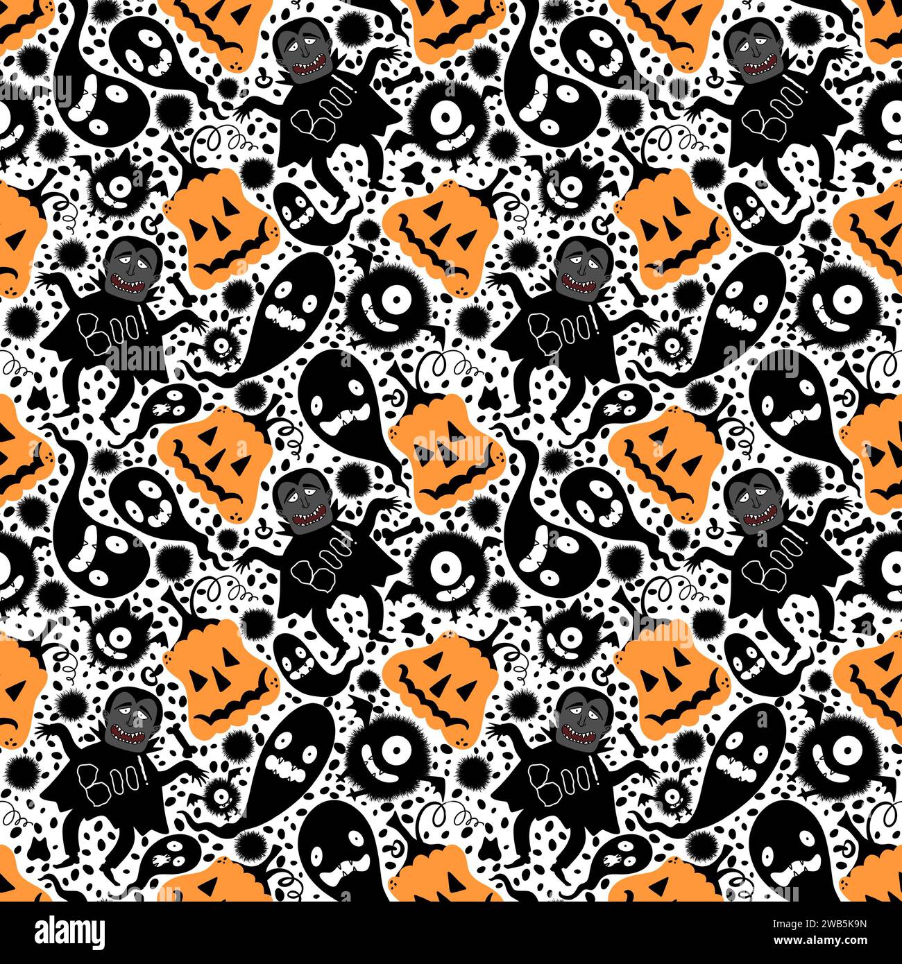 Halloween cartoon doodle seamless vampire and monsters and pumpkins and ...