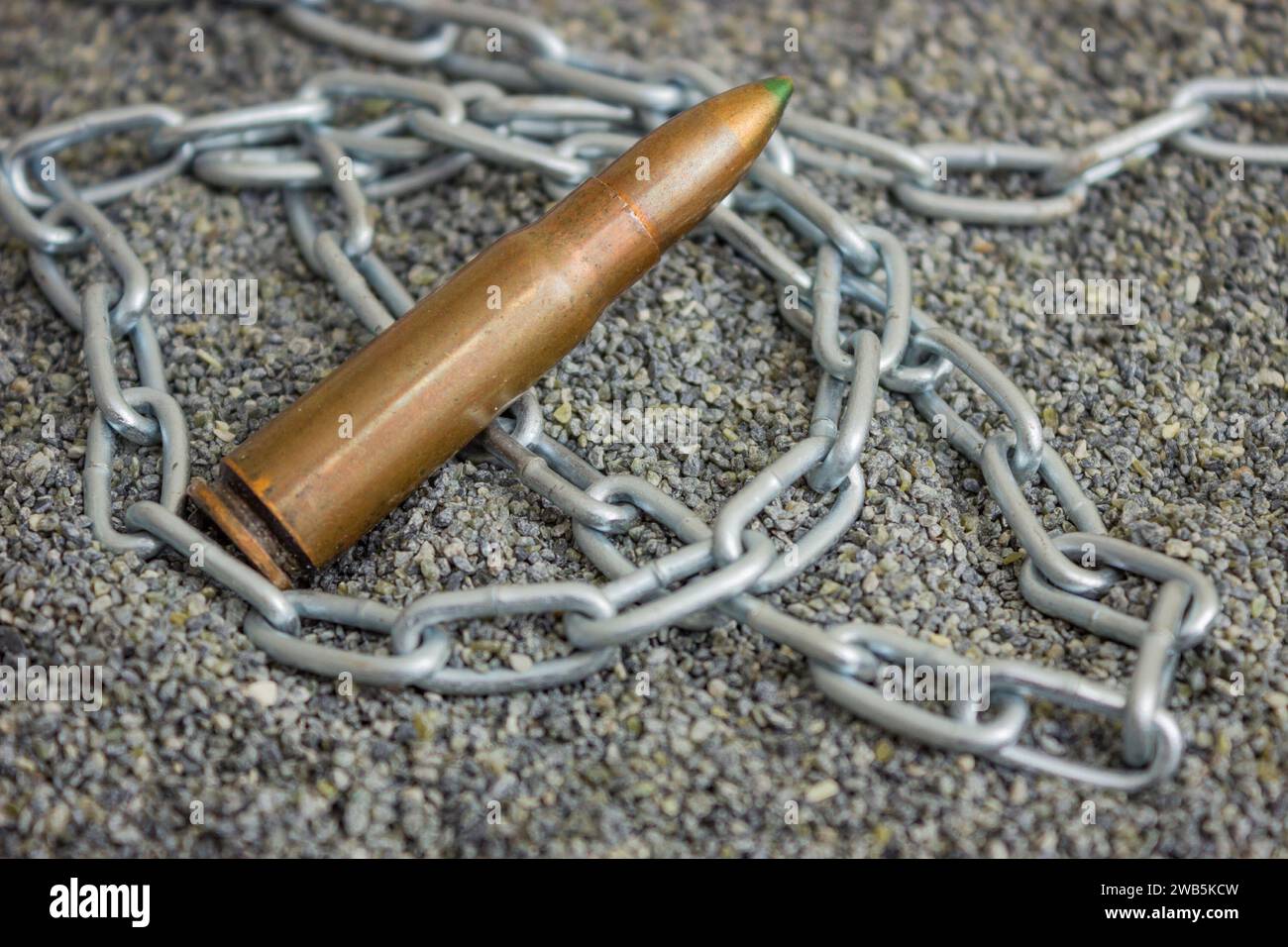 An old-style rifle cartridge and an iron chain are thrown on the ground ...