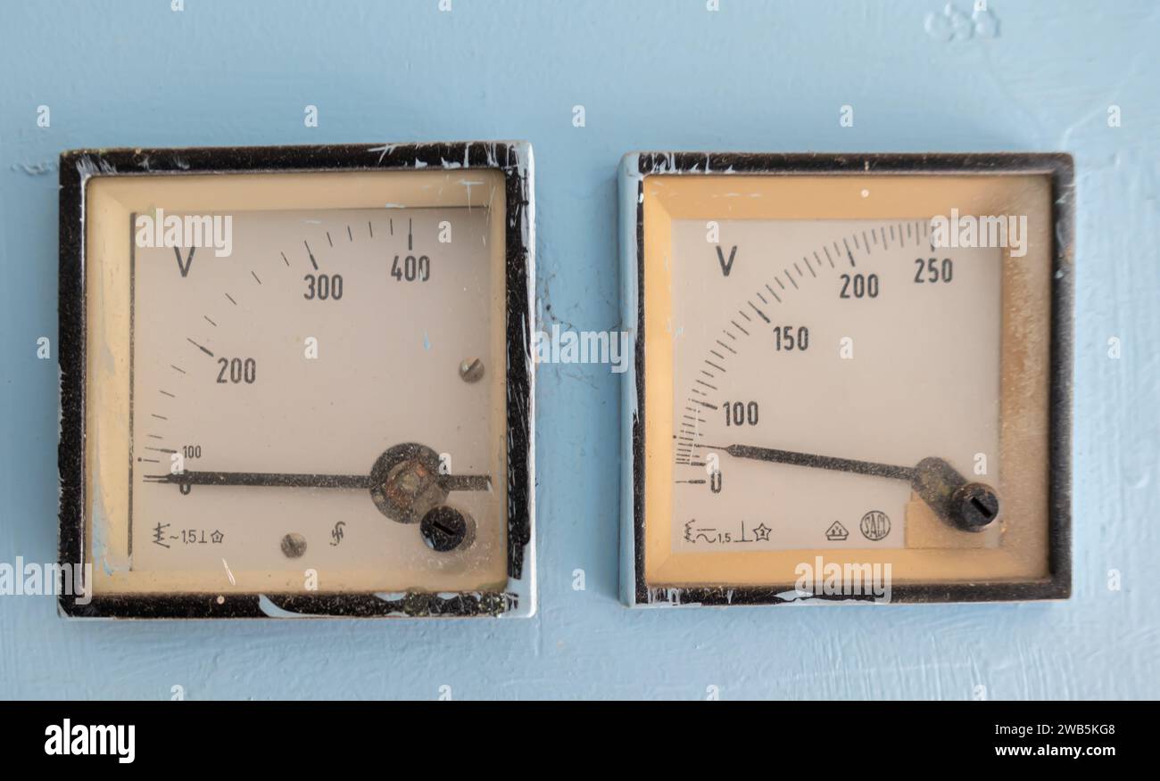 Analogue Voltage meter, Stabilizer on wall. electricity meters Stock ...