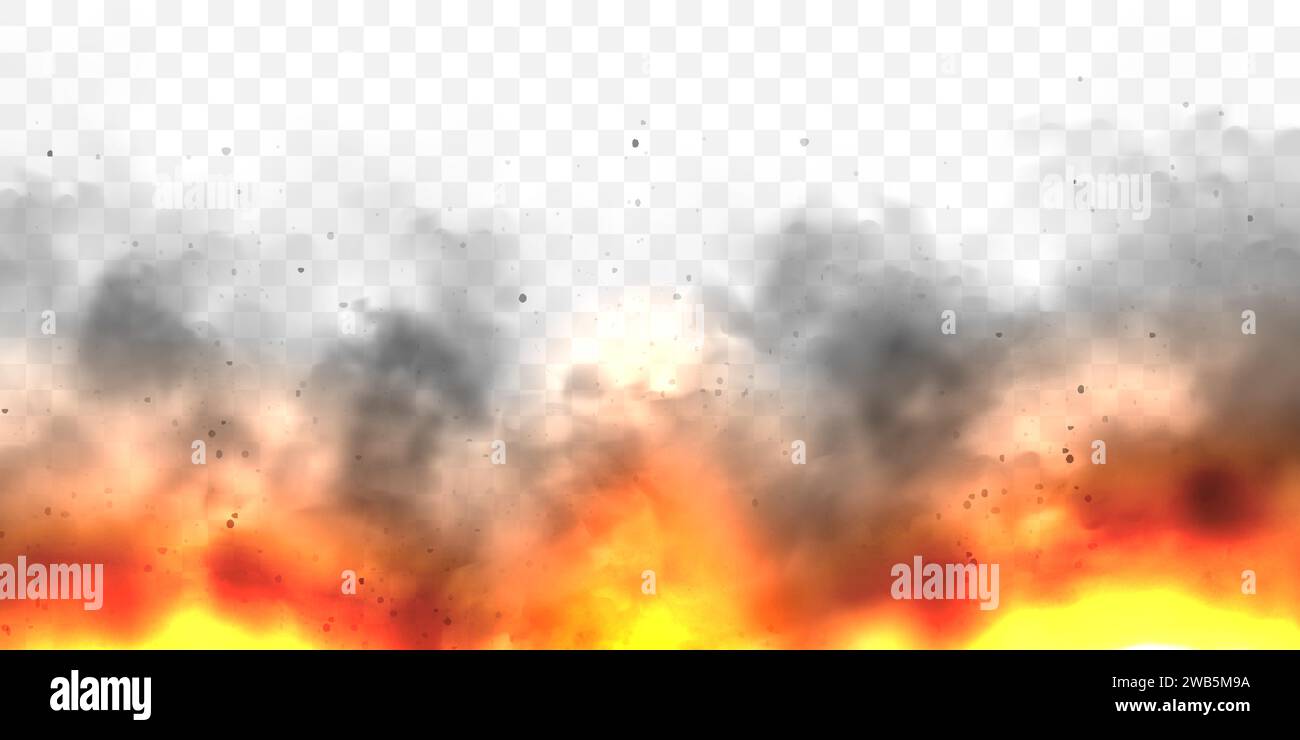 Realistic black smoke clouds and fire. Flame blast, explosion. Stream ...