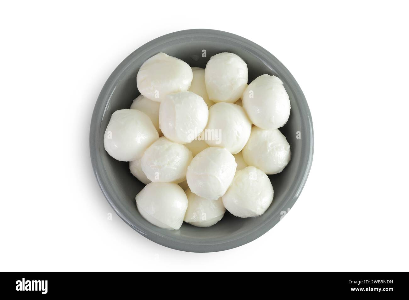 Mini mozzarella balls in a grey ceramic bowl isolated on white ...