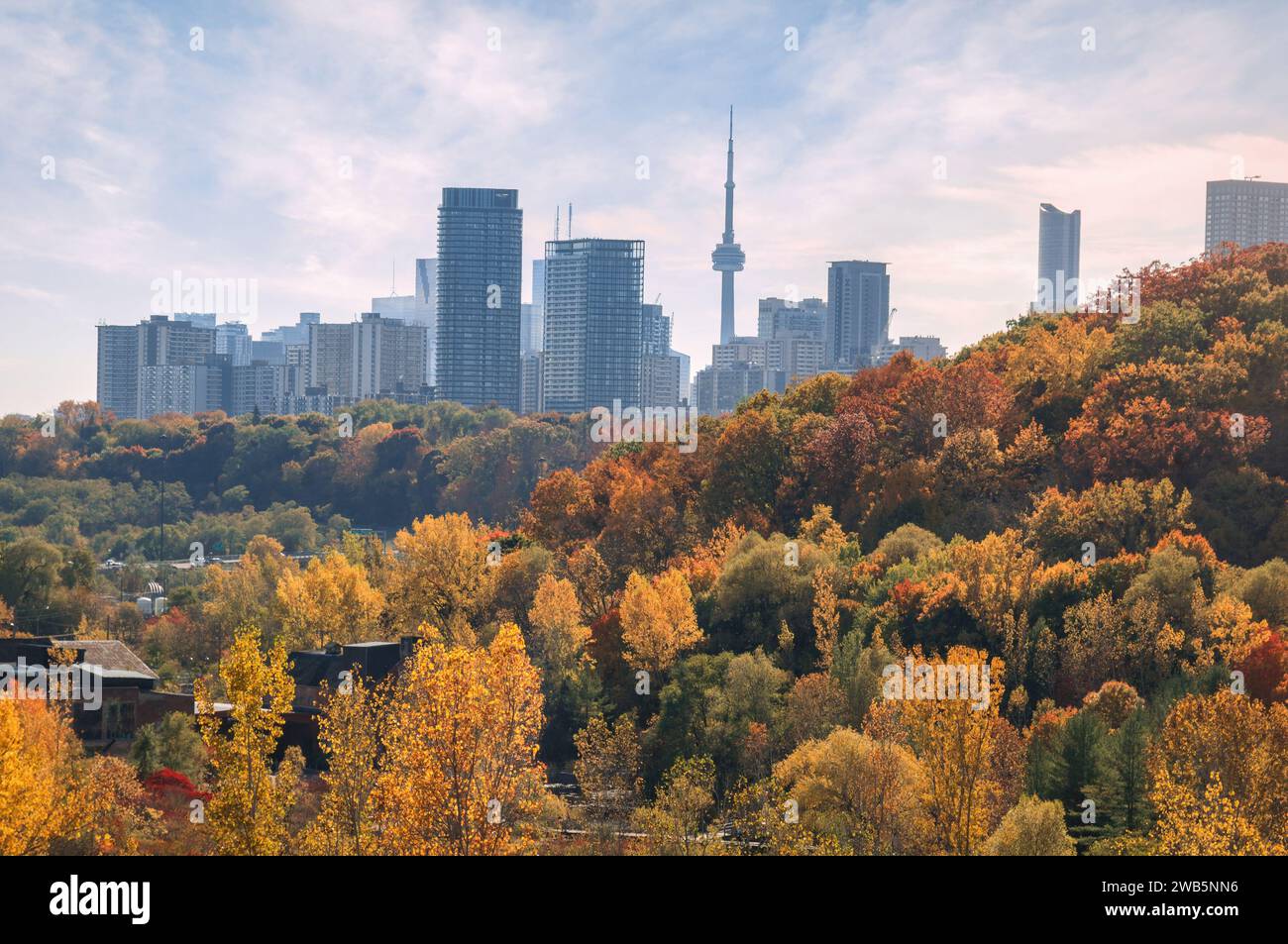 Autumn view from the hill in Weston Family Quarry Garden with hazy ...