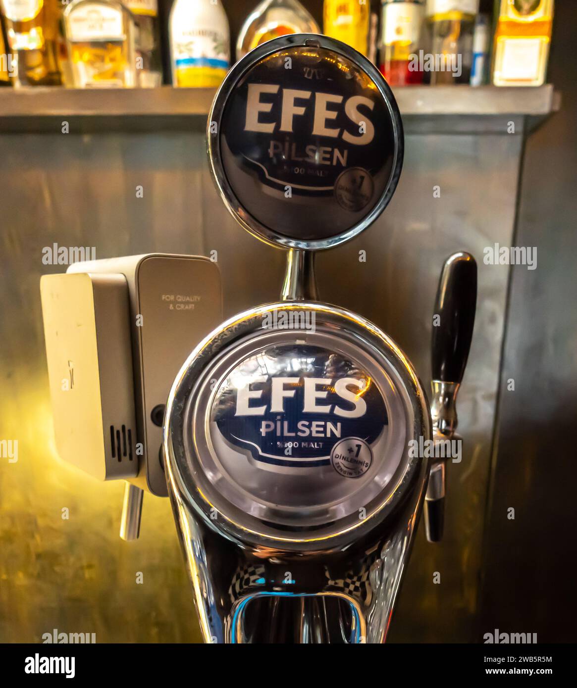 Efes bar tap with logo , Efes Beer Tower Stock Photo - Alamy