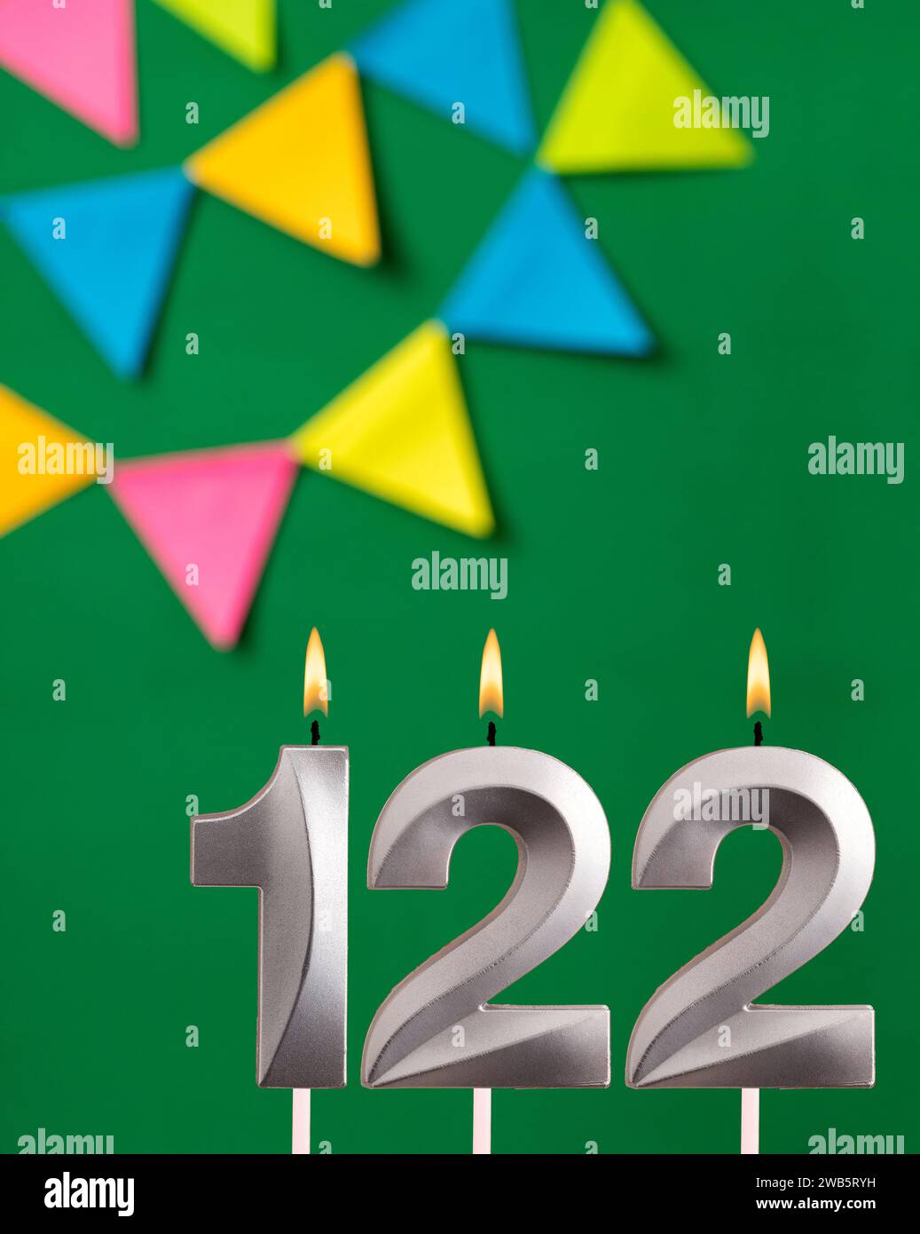 Candle number 122 birthday - Green anniversary card with pennants Stock ...