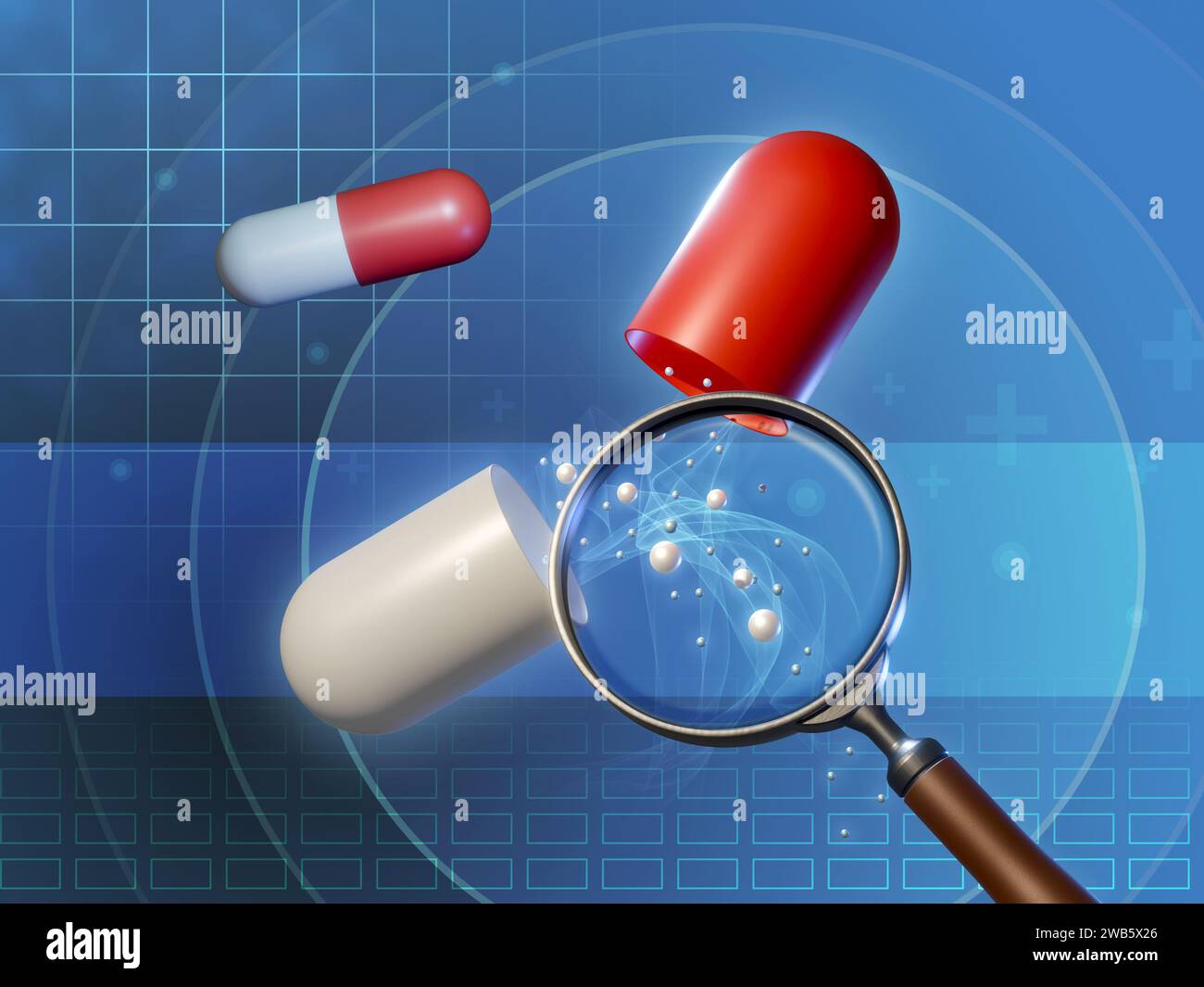 Magnifying glass used to analyze the content of a capsule. Digital ...